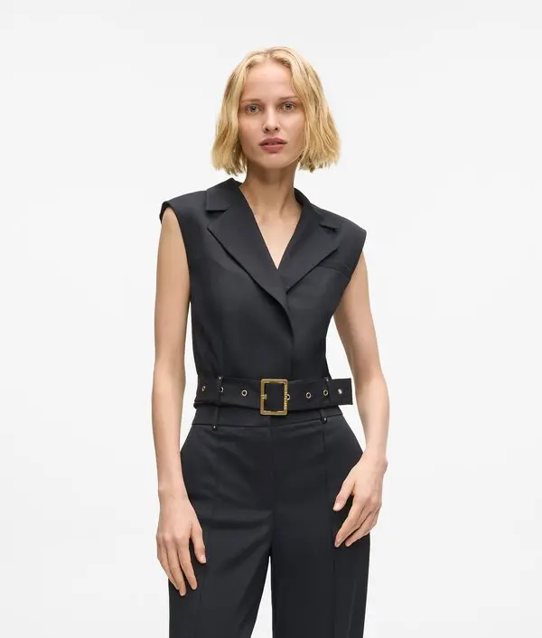 Karl Lagerfeld Cropped Gilet With Studded Belt - Black