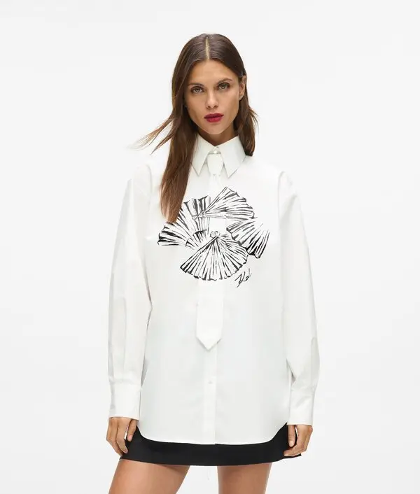 Karl Lagerfeld Organic Cotton Poplin Tie Shirt With Fan Artwork - White