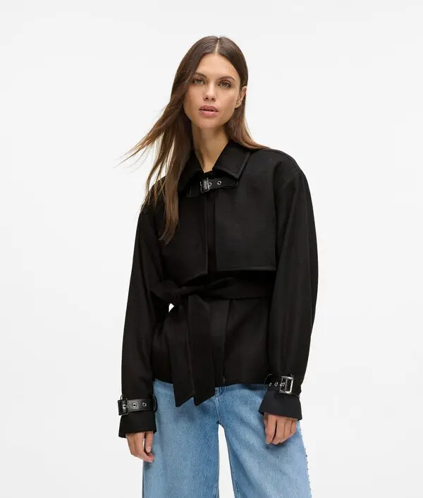 Karl Lagerfeld Short Wool-blend Coat With Faux-leather Accents - Black