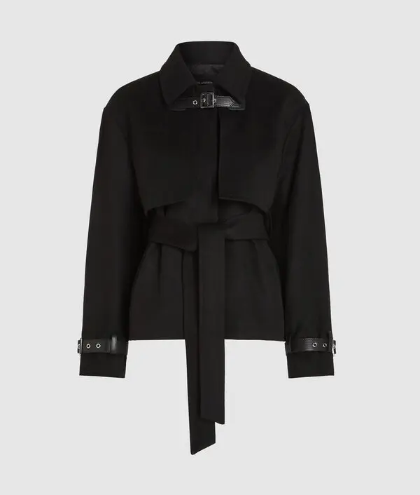 Karl Lagerfeld Short Wool-blend Coat With Faux-leather Accents