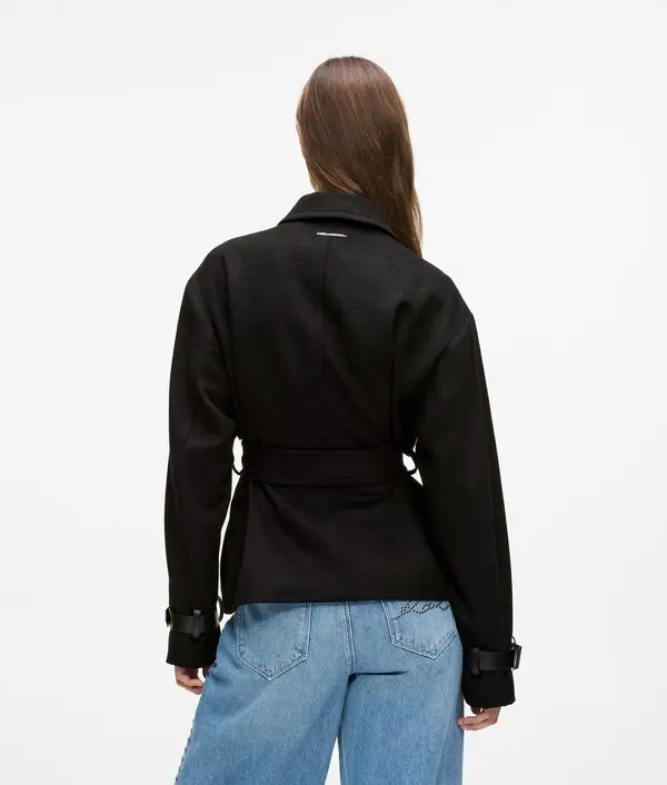 Karl Lagerfeld Short Wool-blend Coat With Faux-leather Accents