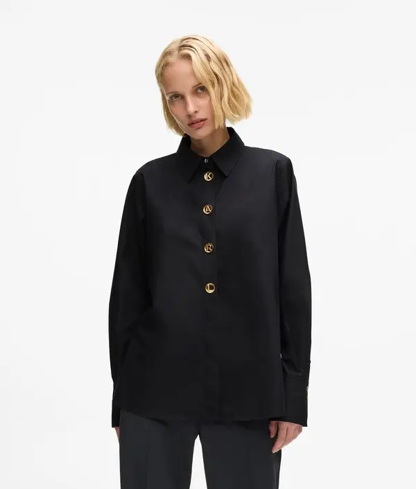Karl Lagerfeld Organic Cotton Poplin Shirt With Gold Karl Lettering Snap Buttons - Black