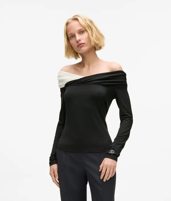 Karl Lagerfeld Off-shoulder Top With Draped Neckline And Embroidered Logo - White/black