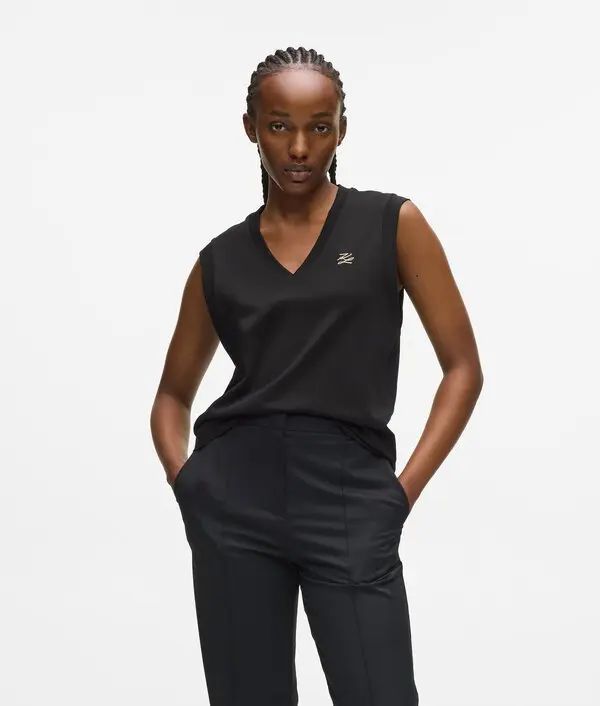 Karl Lagerfeld V-neck Sleeveless Tank Top With Gold Autograph Detail - Black