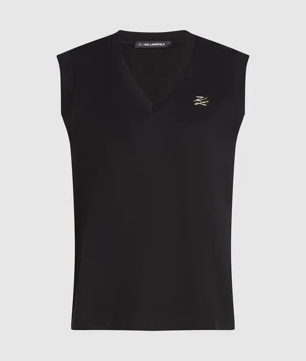 Karl Lagerfeld V-neck Sleeveless Tank Top With Gold Autograph Detail