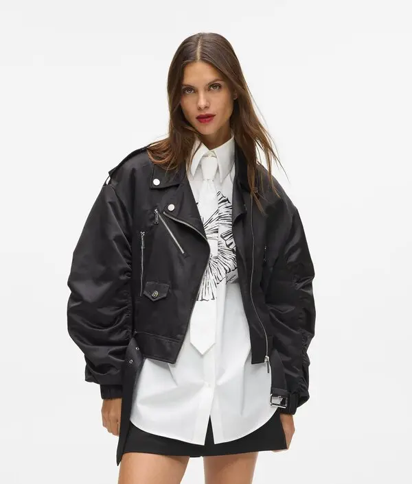 Karl Lagerfeld Satin Bomber Jacket With Belted Waist - Black