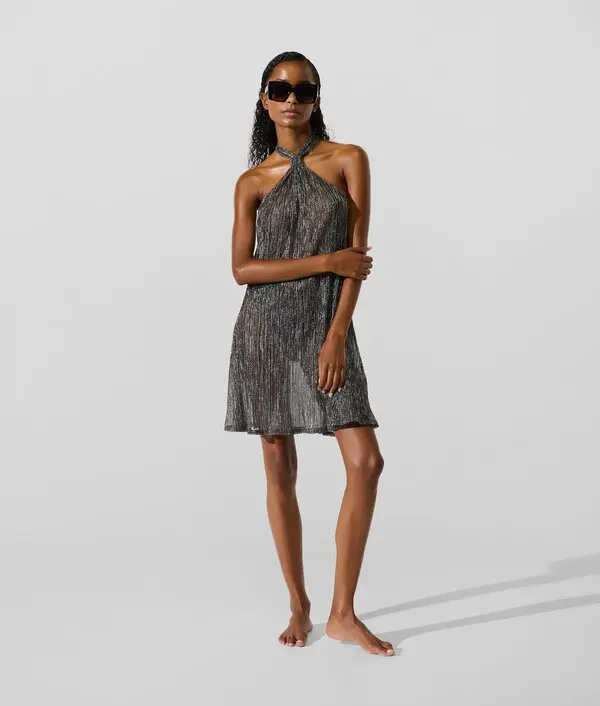 Karl Lagerfeld Metallic Plissé Halterneck Mini Dress
