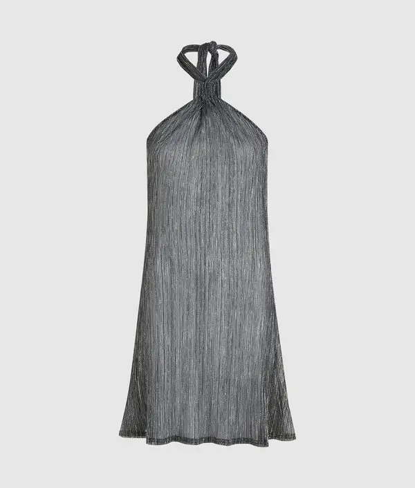 Karl Lagerfeld Metallic Plissé Halterneck Mini Dress