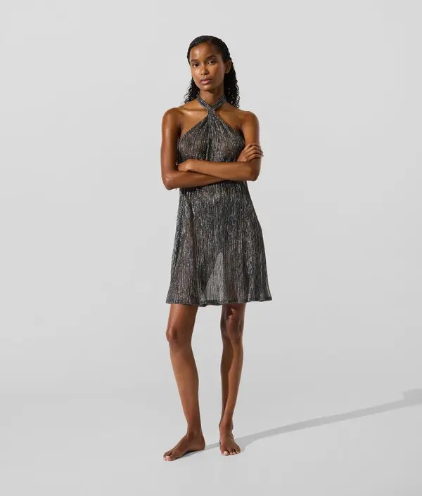 Karl Lagerfeld Metallic Plissé Halterneck Mini Dress - Black
