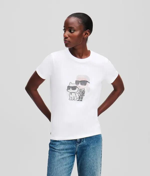 Karl Lagerfeld Ikon Karl & Choupette Rhinestone T-shirt - White