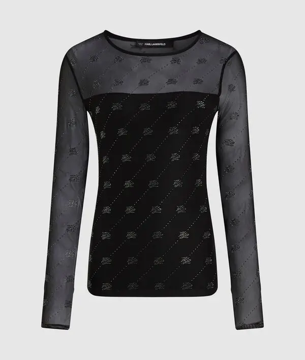 Karl Lagerfeld Rhinestone Autograph Mesh Top