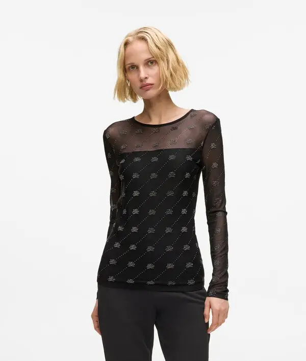 Karl Lagerfeld Rhinestone Autograph Mesh Top - Black