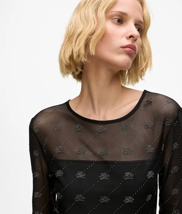 Karl Lagerfeld Rhinestone Autograph Mesh Top