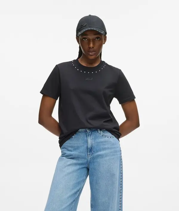 Karl Lagerfeld Studded Signature T-shirt In Organic Cotton - Black