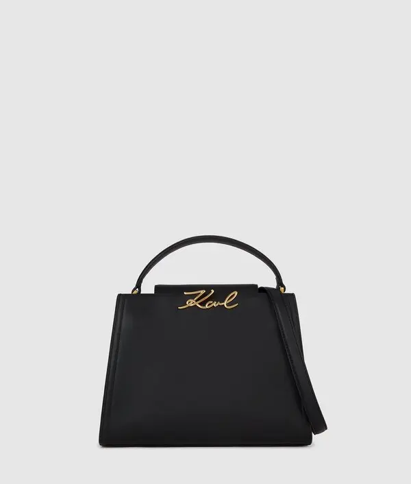Karl Lagerfeld K/signature Medium Top Handle Bag In Black Leather With Gold Tone Hardware - Black/gold