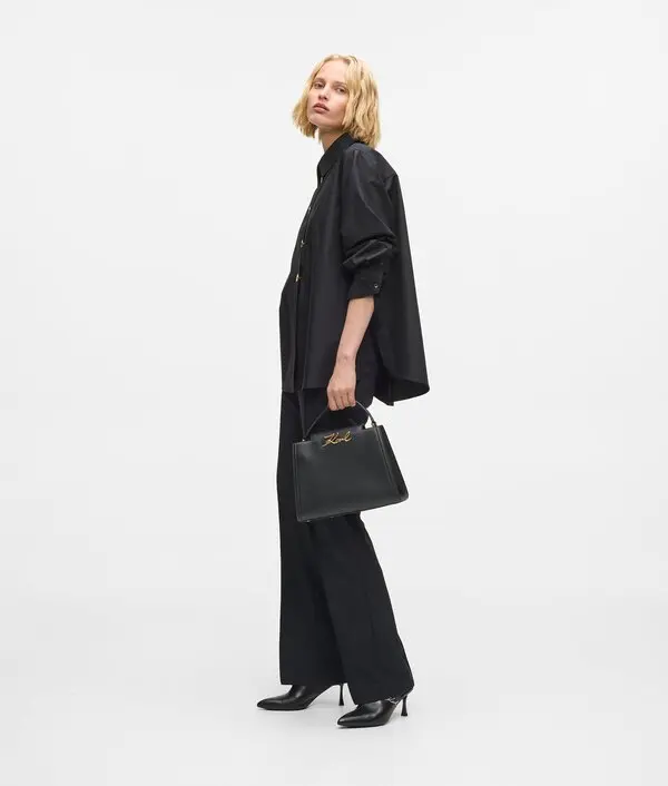 Karl Lagerfeld K/signature Medium Top Handle Bag In Black Leather With Gold Tone Hardware
