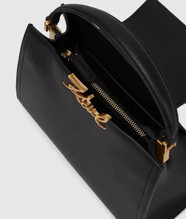 Karl Lagerfeld K/signature Medium Top Handle Bag In Black Leather With Gold Tone Hardware