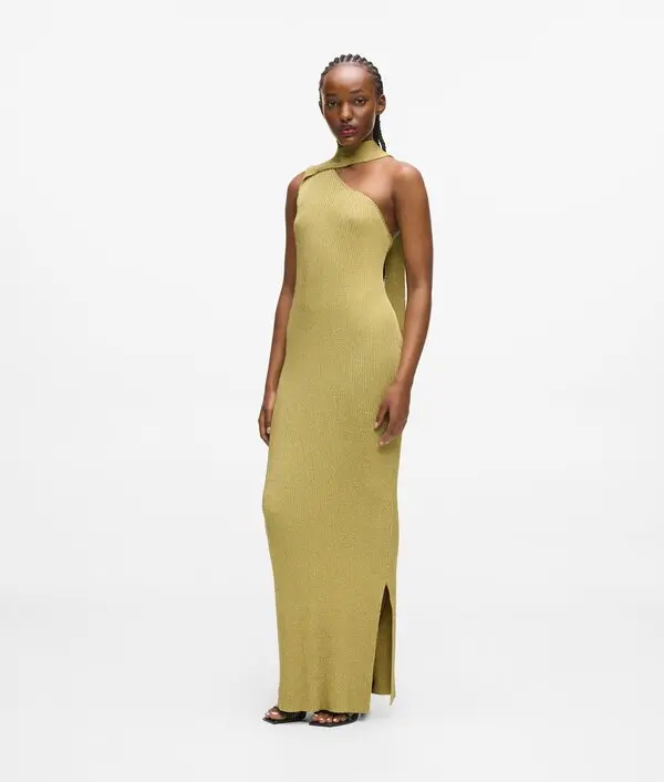 Karl Lagerfeld Asymmetric One-shoulder Metallic Knit Maxi Dress - Light Gold