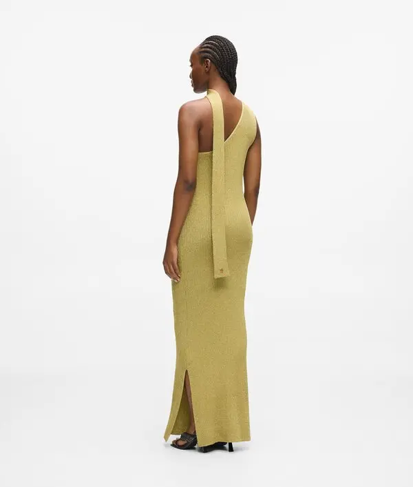 Karl Lagerfeld Asymmetric One-shoulder Metallic Knit Maxi Dress