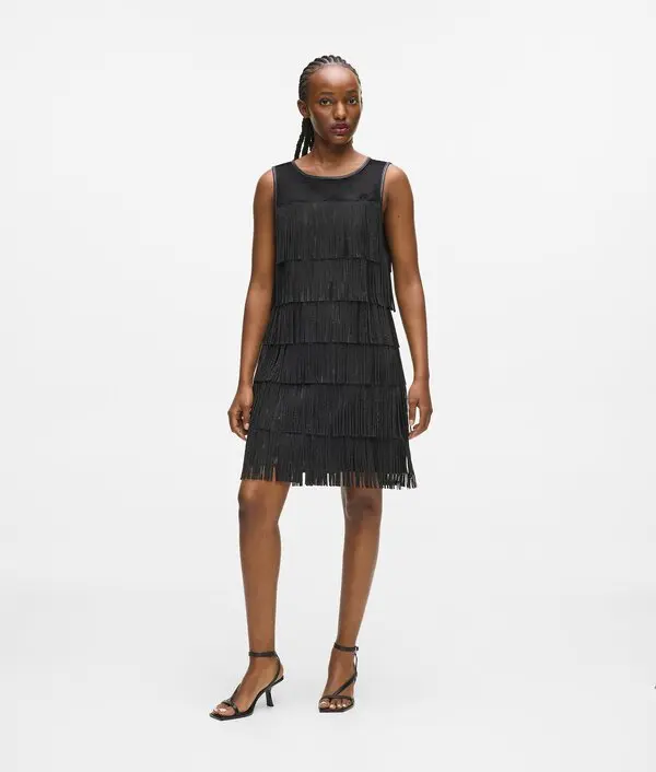 Karl Lagerfeld Sleeveless Faux-leather Fringe Dress - Black