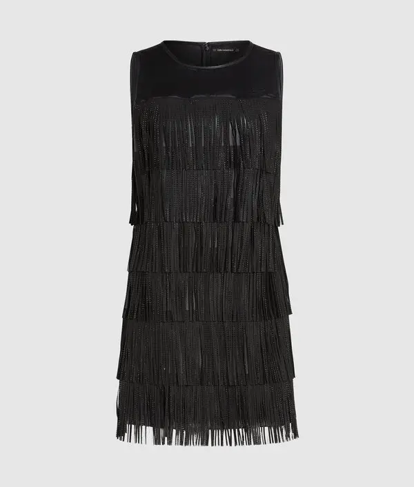 Karl Lagerfeld Sleeveless Faux-leather Fringe Dress