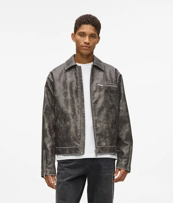 KL JEANS Distressed Faux Leather Jacket - Washed Black