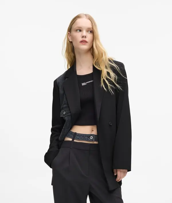 KL JEANS Denim Panel Double-breasted Blazer - Washed Black-black