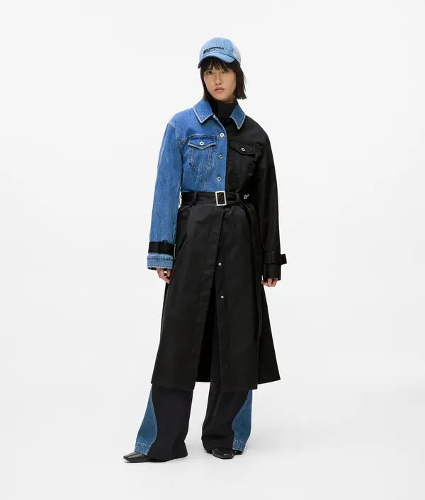 KL JEANS Paneled Trench Coat - Washed Blue-black