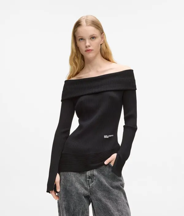 KL JEANS Jeans Off-shoulder Ribbed Knit Top - Black