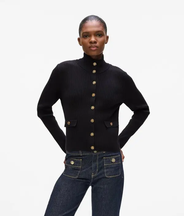 Karl Lagerfeld Rib-knit Turtleneck Cardigan With Gold-tone Logo Buttons - Black