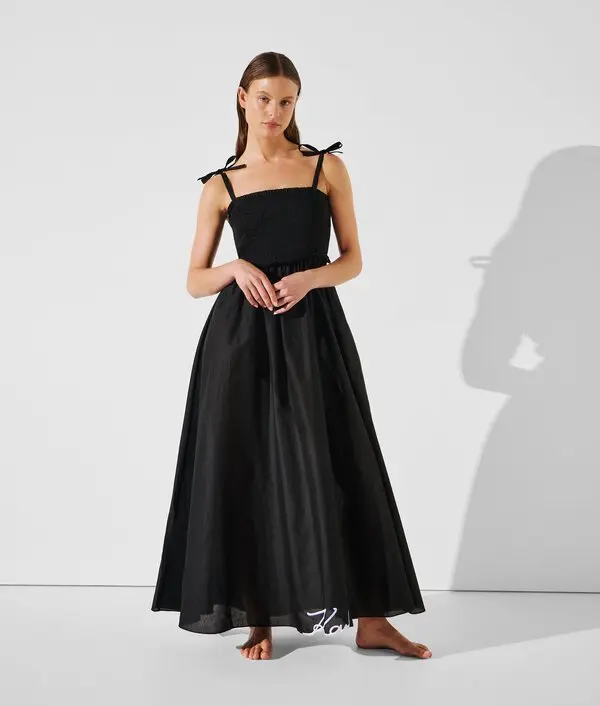 Karl Lagerfeld Beach Dress With Smocked Bodice And Tie Straps - Black
