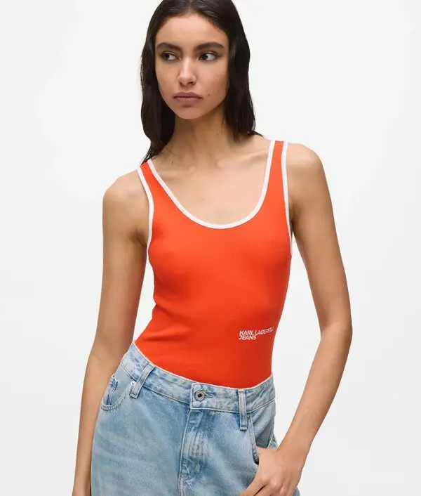 KL JEANS Jeans Ribbed Bodysuit With Contrasting Piping And Embroidered Logo - Grenadine