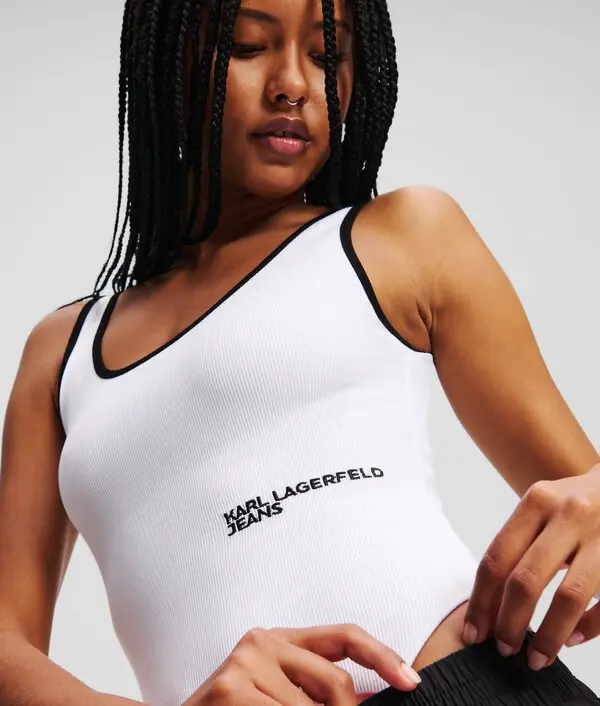 KL JEANS Jeans Ribbed Bodysuit With Contrasting Piping And Embroidered Logo - White