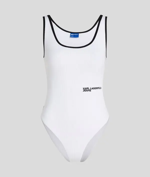 KL JEANS Jeans Ribbed Bodysuit With Contrasting Piping And Embroidered Logo - White