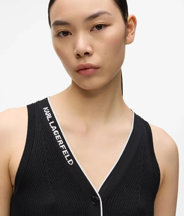 Karl Lagerfeld Ribbed Knit V-neck Button-up Top - Black/white