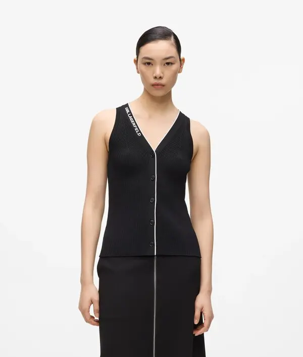 Karl Lagerfeld Ribbed Knit V-neck Button-up Top - Black/white