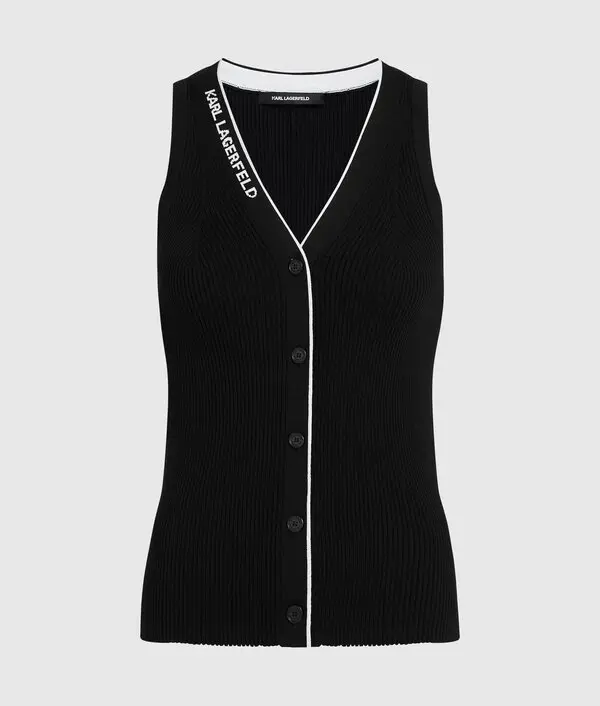 Karl Lagerfeld Ribbed Knit V-neck Button-up Top - Black/white