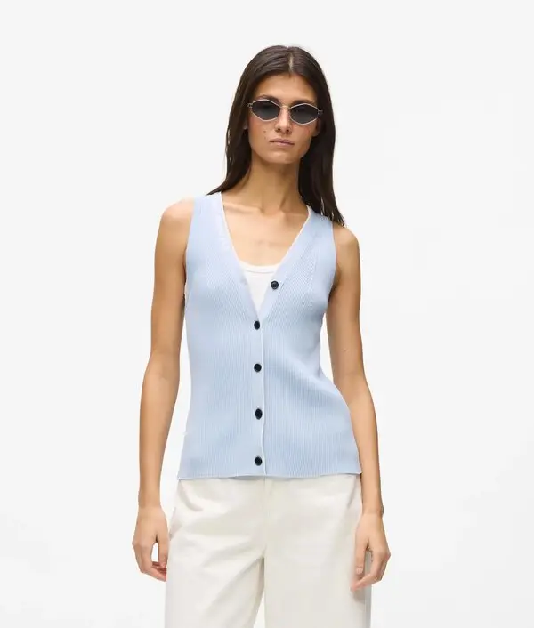Karl Lagerfeld Ribbed Knit V-neck Button-up Top - Kentucky Blue-pristine