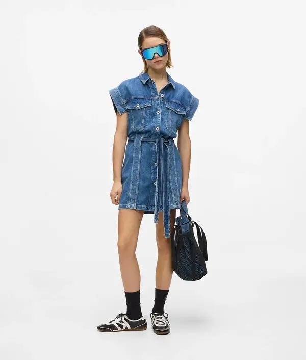 KL JEANS Short-sleeved Belted Denim Shirt Dress