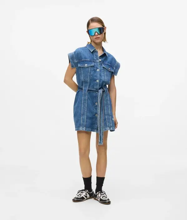 KL JEANS Short-sleeved Belted Denim Shirt Dress - Mid Blue Stone