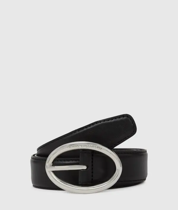 Karl Lagerfeld Slim Leather Belt With Oval Buckle - Black