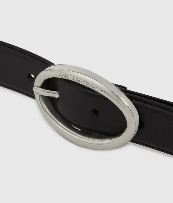 Karl Lagerfeld Slim Leather Belt With Oval Buckle - Black