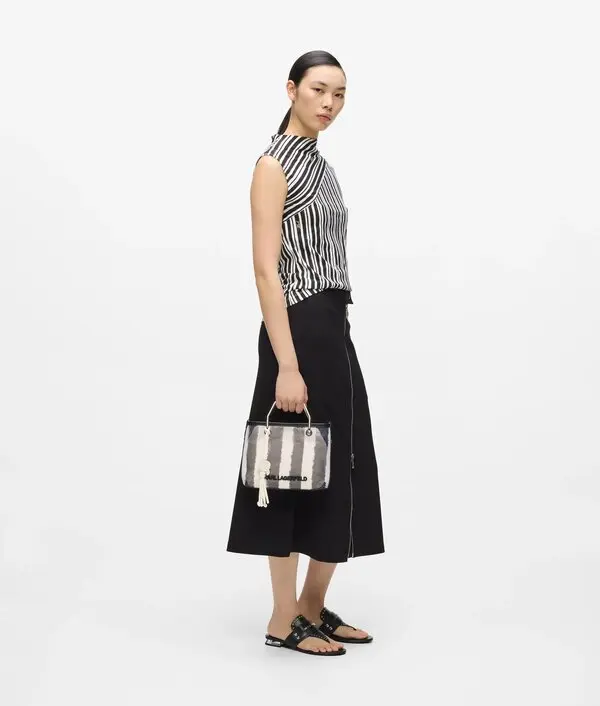 Karl Lagerfeld Ikon Mesh Small Tote Bag With Striped Design - Black Stripes