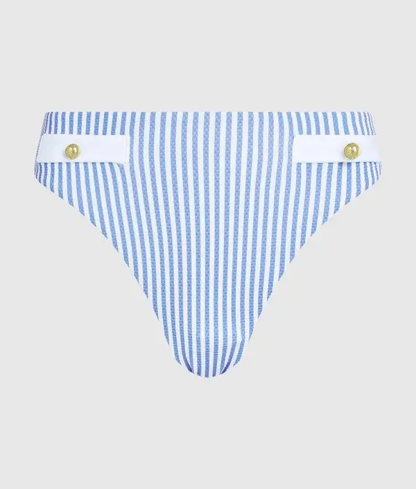 Karl Lagerfeld Gold Button High-waisted Striped Bikini Bottoms - Ithaca Stripe