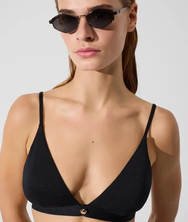 Karl Lagerfeld Striped Bikini Top With Gold Button Detail - Black