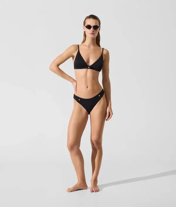 Karl Lagerfeld Striped Bikini Top With Gold Button Detail - Black
