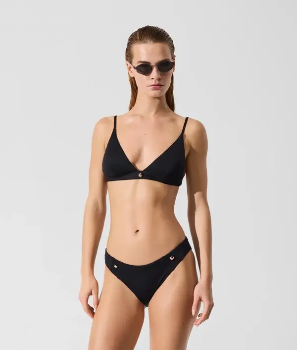 Karl Lagerfeld Striped Bikini Top With Gold Button Detail - Black