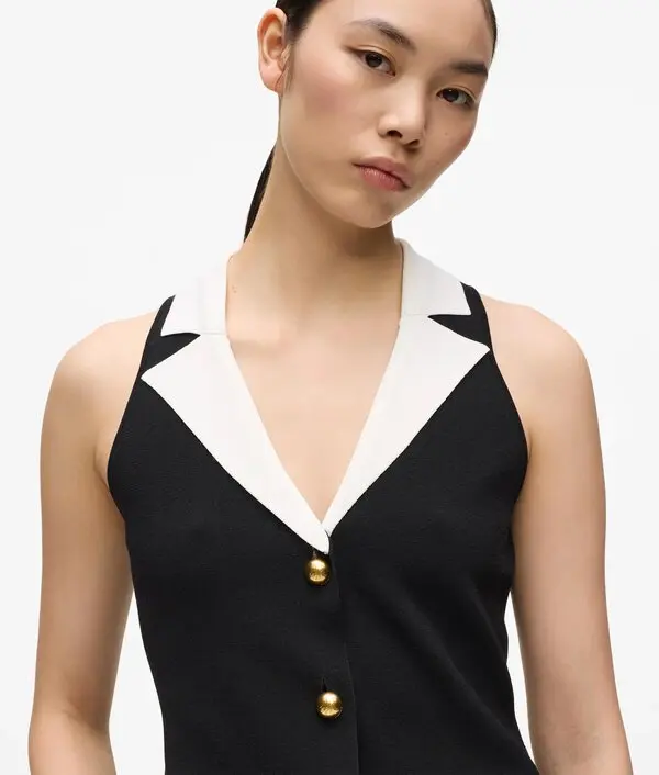 Karl Lagerfeld Sleeveless Tailored Knit Top With White Collar And Gold Logo Buttons