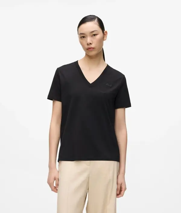 Karl Lagerfeld Signature V-neck T-shirt In Organic Cotton - Black