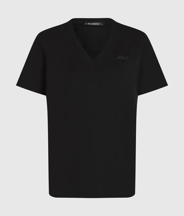 Karl Lagerfeld Signature V-neck T-shirt In Organic Cotton - Black